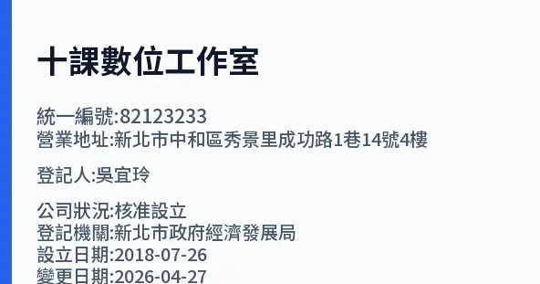 十課數位工作室的照片-統編 82123233(新北市) 公司登記資料與營業項目詳細圖表