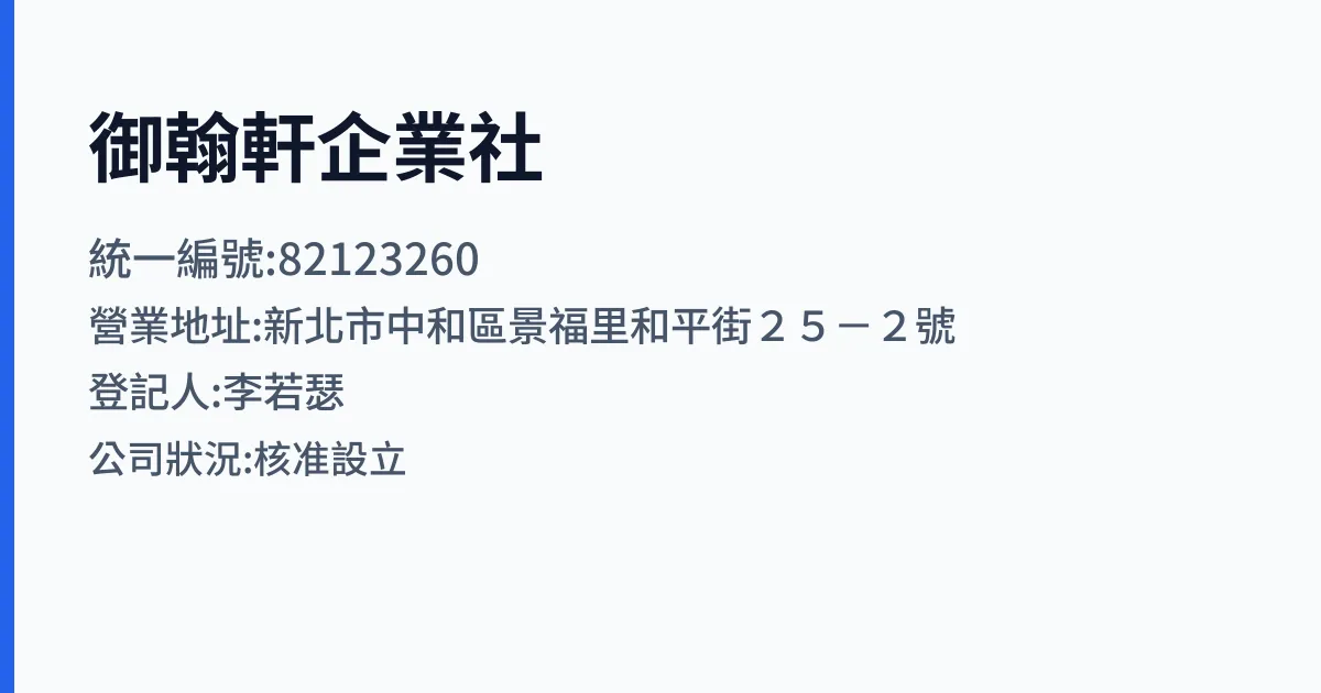 御翰軒企業社 - 統編 82123260(新北市) 公司登記資料與營業項目詳細圖表