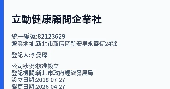 立動健康顧問企業社的照片-統編 82123629(新北市) 公司登記資料與營業項目詳細圖表