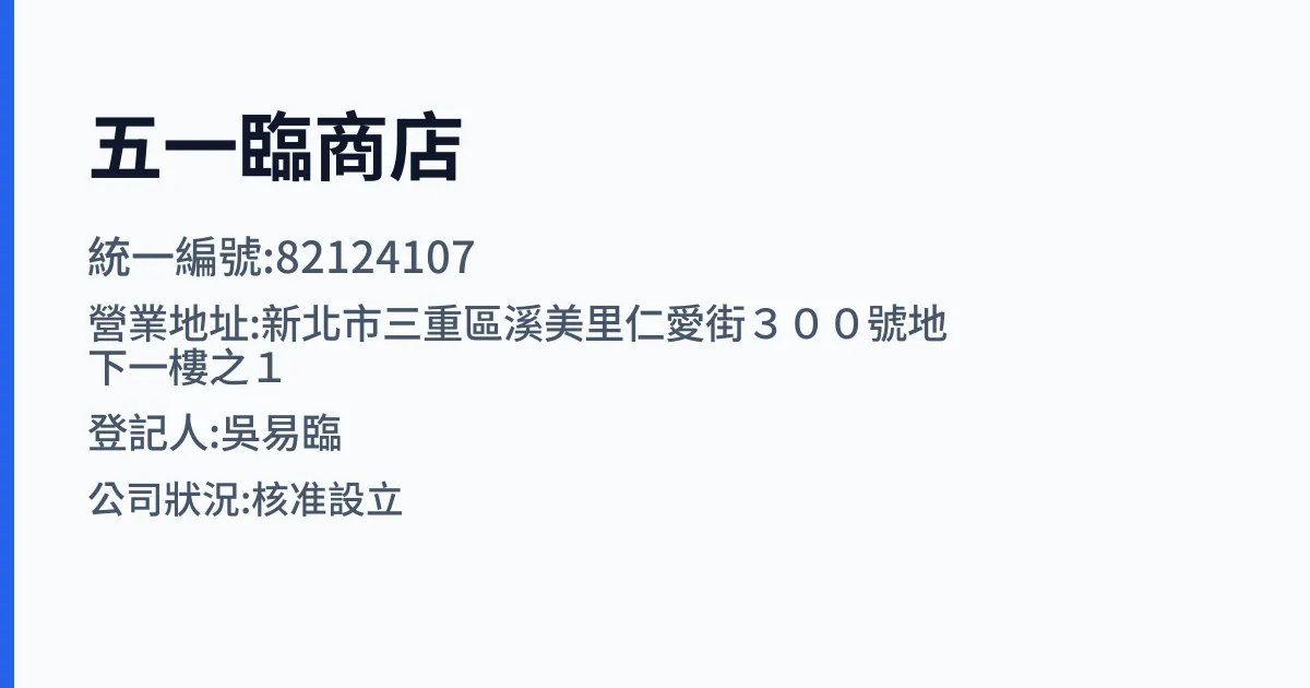 五一臨商店 - 統編 82124107(新北市) 公司登記資料與營業項目詳細圖表