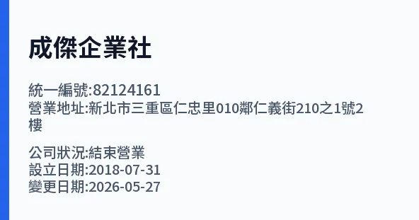 成傑企業社的照片-統編 82124161(新北市) 公司登記資料與營業項目詳細圖表