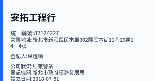 安拓工程行的照片-統編 82124227(新北市) 公司登記資料與營業項目詳細圖表