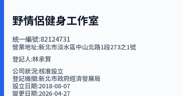 野情侶健身工作室的照片-統編 82124731(新北市) 公司登記資料與營業項目詳細圖表