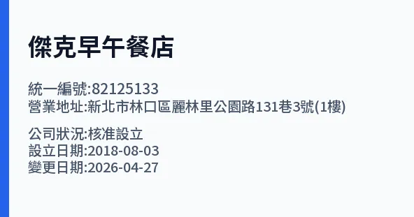 傑克早午餐店的照片-統編 82125133(新北市) 公司登記資料與營業項目詳細圖表