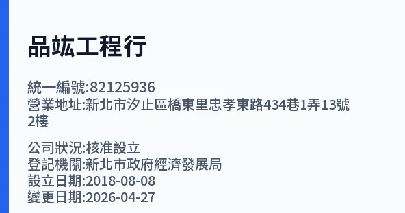 品竑工程行的照片-統編 82125936(新北市) 公司登記資料與營業項目詳細圖表