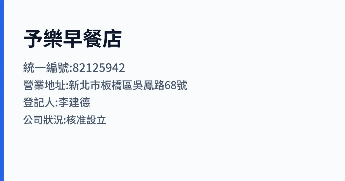 予樂早餐店 - 統編 82125942(新北市) 公司登記資料與營業項目詳細圖表
