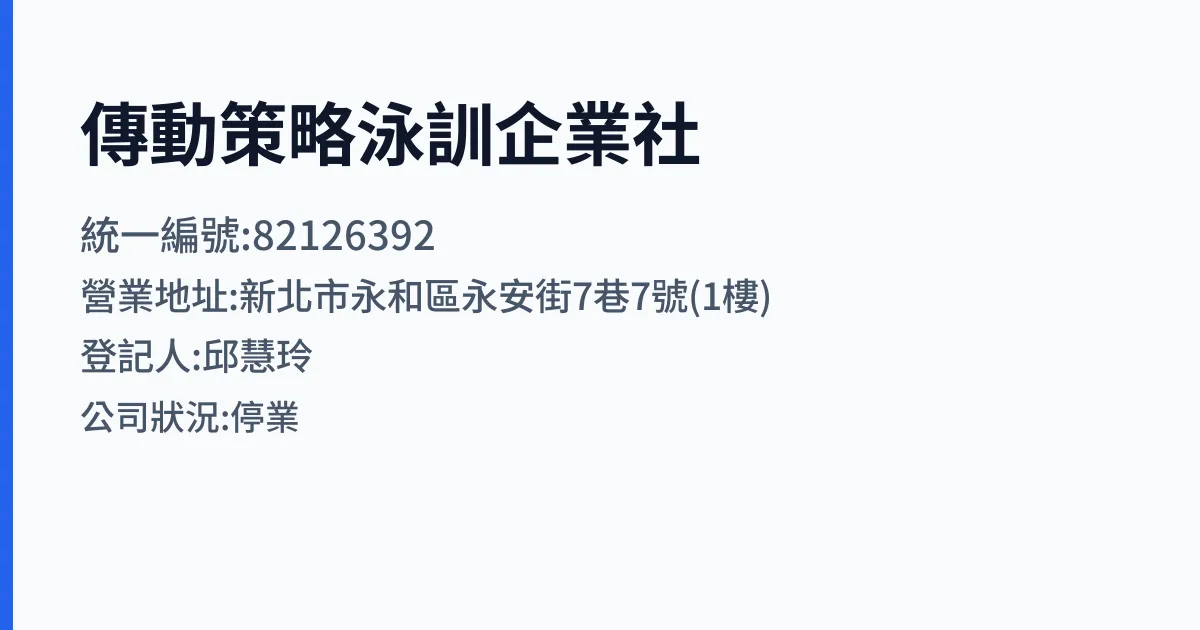 傳動策略泳訓企業社 - 統編 82126392(新北市) 公司登記資料與營業項目詳細圖表