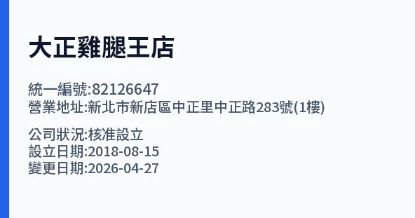 大正雞腿王店的照片-統編 82126647(新北市) 公司登記資料與營業項目詳細圖表