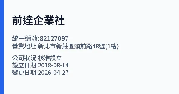 前達企業社的照片-統編 82127097(新北市) 公司登記資料與營業項目詳細圖表