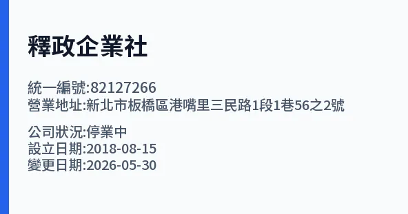 釋政企業社的照片-統編 82127266(新北市) 公司登記資料與營業項目詳細圖表