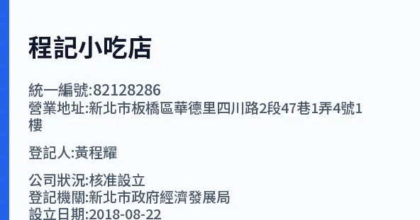 程記小吃店的照片-統編 82128286(新北市) 公司登記資料與營業項目詳細圖表