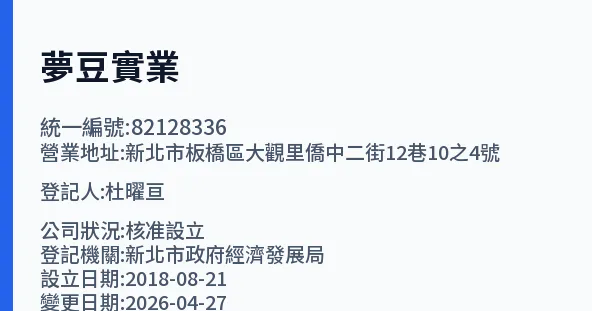 夢豆實業的照片-統編 82128336(新北市) 公司登記資料與營業項目詳細圖表