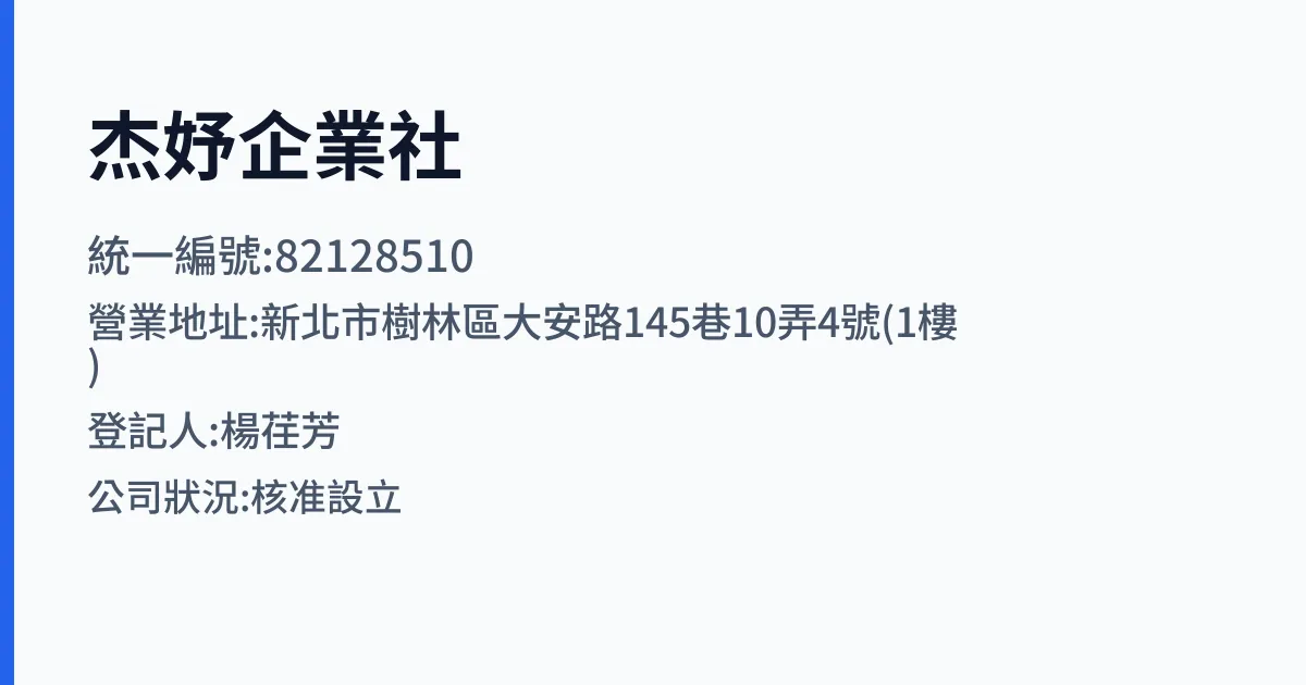 杰妤企業社 - 統編 82128510(新北市) 公司登記資料與營業項目詳細圖表