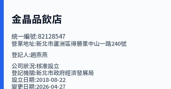 金晶品飲店的照片-統編 82128547(新北市) 公司登記資料與營業項目詳細圖表