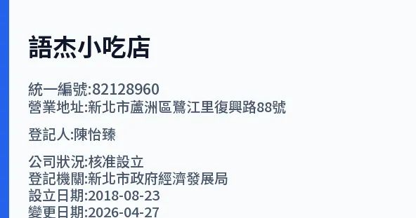 語杰小吃店的照片-統編 82128960(新北市) 公司登記資料與營業項目詳細圖表
