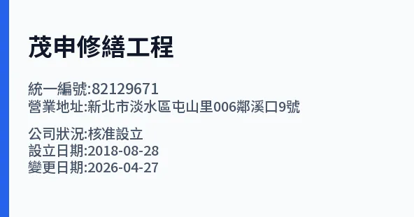 茂申修繕工程的照片-統編 82129671(新北市) 公司登記資料與營業項目詳細圖表