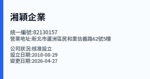 湘穎企業的照片-統編 82130157(新北市) 公司登記資料與營業項目詳細圖表
