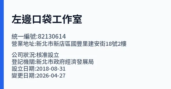 左邊口袋工作室的照片-統編 82130614(新北市) 公司登記資料與營業項目詳細圖表