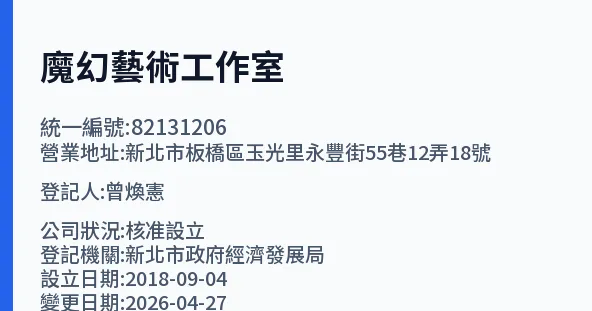魔幻藝術工作室的照片-統編 82131206(新北市) 公司登記資料與營業項目詳細圖表