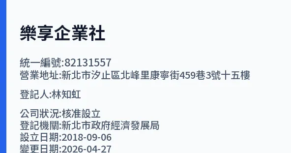 樂享企業社的照片-統編 82131557(新北市) 公司登記資料與營業項目詳細圖表