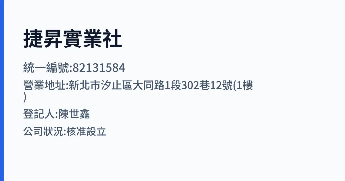 捷昇實業社 - 統編 82131584(新北市) 公司登記資料與營業項目詳細圖表