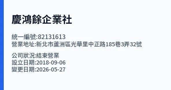慶鴻餘企業社的照片-統編 82131613(新北市) 公司登記資料與營業項目詳細圖表