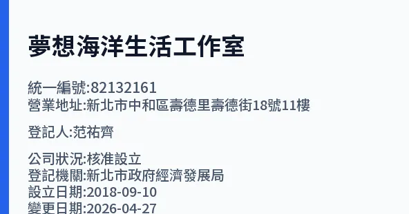 夢想海洋生活工作室的照片-統編 82132161(新北市) 公司登記資料與營業項目詳細圖表