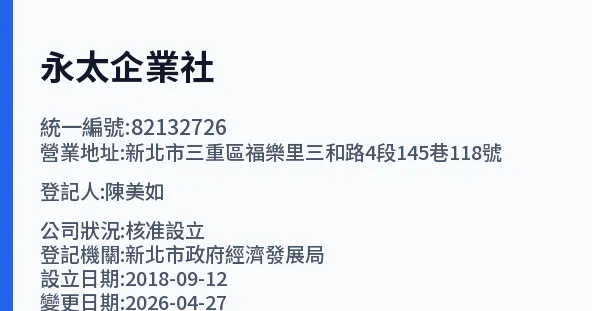 永太企業社的照片-統編 82132726(新北市) 公司登記資料與營業項目詳細圖表