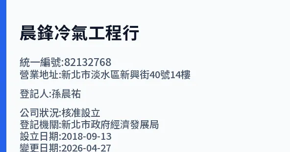 晨鋒冷氣工程行的照片-統編 82132768(新北市) 公司登記資料與營業項目詳細圖表