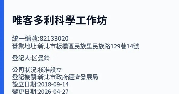 唯客多利科學工作坊的照片-統編 82133020(新北市) 公司登記資料與營業項目詳細圖表