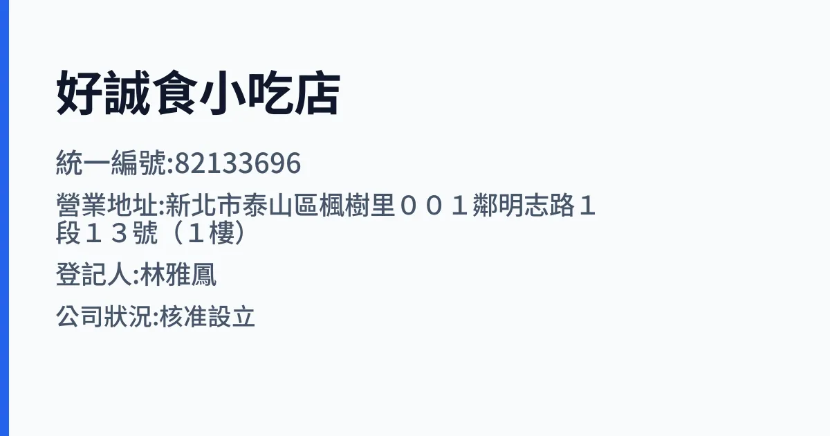 好誠食小吃店 - 統編 82133696(新北市) 公司登記資料與營業項目詳細圖表