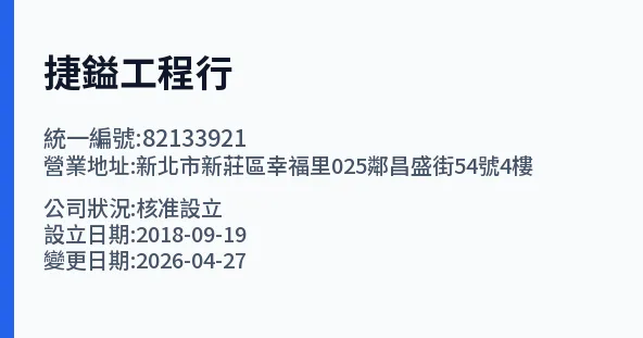 捷鎰工程行的照片-統編 82133921(新北市) 公司登記資料與營業項目詳細圖表