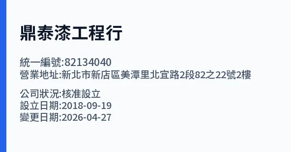 鼎泰漆工程行的照片-統編 82134040(新北市) 公司登記資料與營業項目詳細圖表