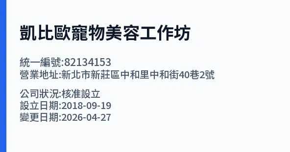 凱比歐寵物美容工作坊的照片-統編 82134153(新北市) 公司登記資料與營業項目詳細圖表