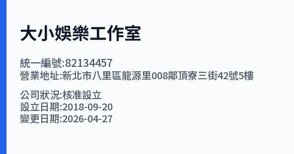 大小娛樂工作室的照片-統編 82134457(新北市) 公司登記資料與營業項目詳細圖表