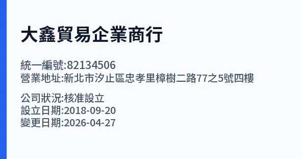 大鑫貿易企業商行的照片-統編 82134506(新北市) 公司登記資料與營業項目詳細圖表