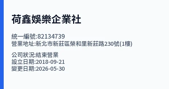 荷鑫娛樂企業社的照片-統編 82134739(新北市) 公司登記資料與營業項目詳細圖表