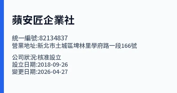 蘋安匠企業社的照片-統編 82134837(新北市) 公司登記資料與營業項目詳細圖表