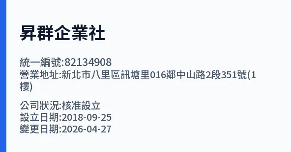 昇群企業社的照片-統編 82134908(新北市) 公司登記資料與營業項目詳細圖表