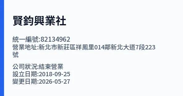 賢鈞興業社的照片-統編 82134962(新北市) 公司登記資料與營業項目詳細圖表