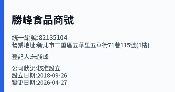 勝峰食品商號的照片-統編 82135104(新北市) 公司登記資料與營業項目詳細圖表