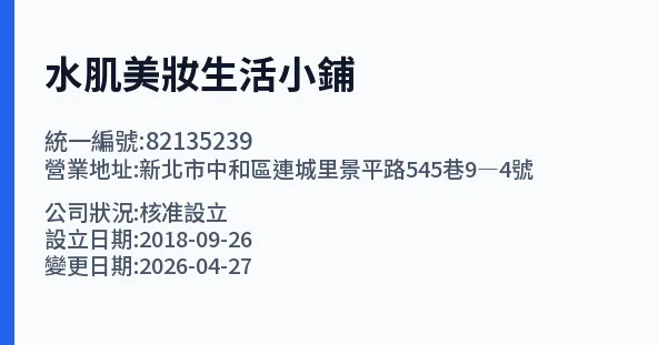 水肌美妝生活小鋪的照片-統編 82135239(新北市) 公司登記資料與營業項目詳細圖表