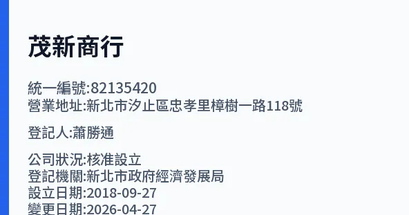 茂新商行的照片-統編 82135420(新北市) 公司登記資料與營業項目詳細圖表