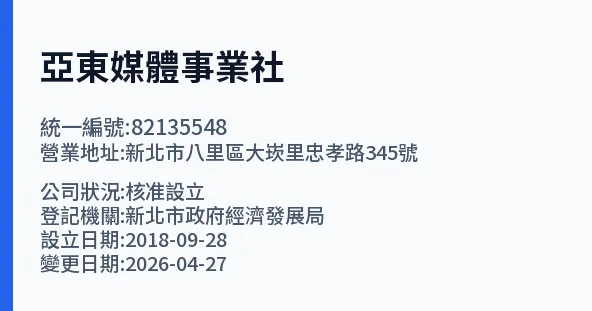 亞東媒體事業社的照片-統編 82135548(新北市) 公司登記資料與營業項目詳細圖表