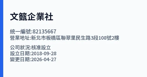 文籈企業社的照片-統編 82135667(新北市) 公司登記資料與營業項目詳細圖表