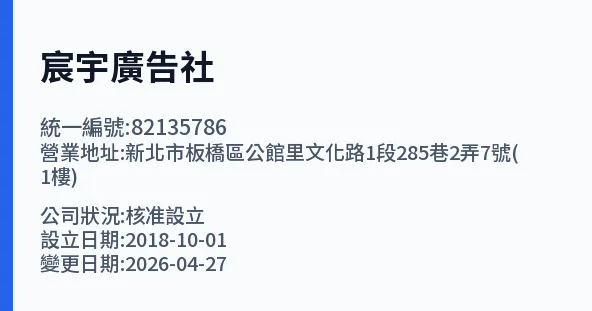 宸宇廣告社的照片-統編 82135786(新北市) 公司登記資料與營業項目詳細圖表