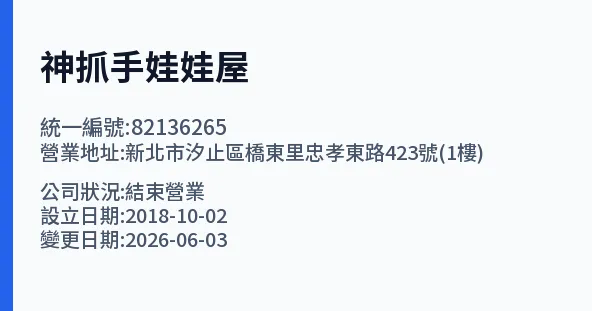 神抓手娃娃屋的照片-統編 82136265(新北市) 公司登記資料與營業項目詳細圖表