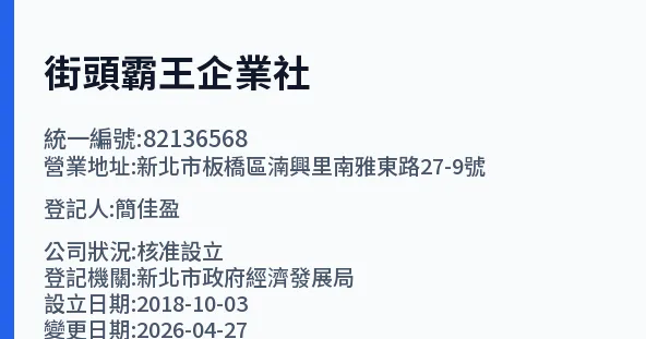 街頭霸王企業社的照片-統編 82136568(新北市) 公司登記資料與營業項目詳細圖表