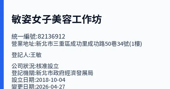 敏姿女子美容工作坊的照片-統編 82136912(新北市) 公司登記資料與營業項目詳細圖表
