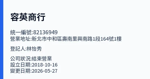 容英商行的照片-統編 82136949(新北市) 公司登記資料與營業項目詳細圖表